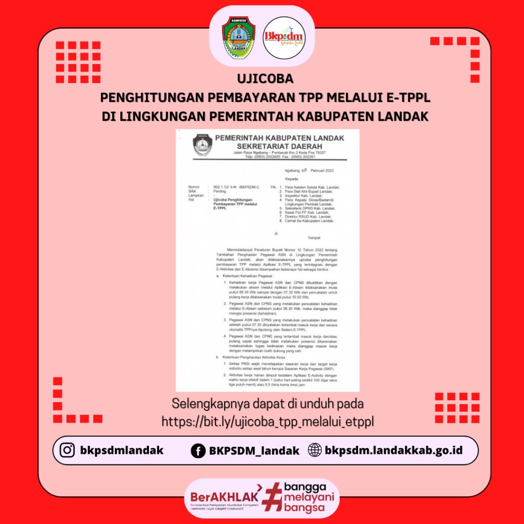 UJICOBA PENGHITUNGAN PEMBAYARAN TPP MELALUI E-TPPL DI LINGKUNGAN PEMERINTAH KABUPATEN LANDAK ...